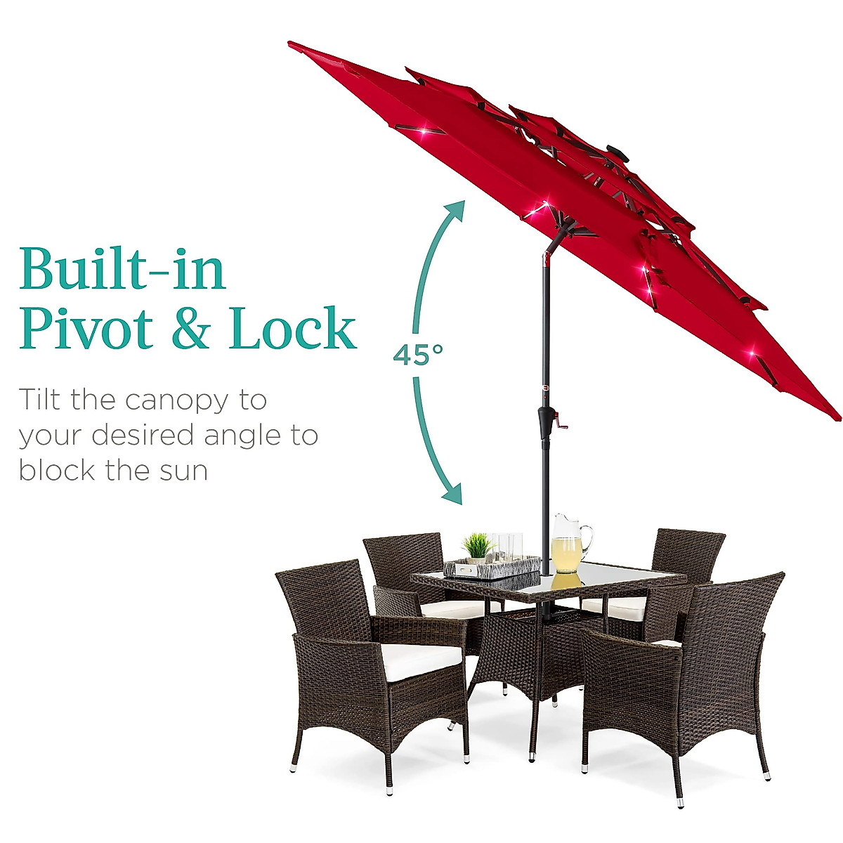 Best Choice Products 10ft 3-Tier Solar Patio Umbrella, Outdoor Market Sun Shade for Backyard, Deck, Poolside w/ 24 LED Lights, Tilt Adjustment, Easy Crank, 8 Ribs - Red