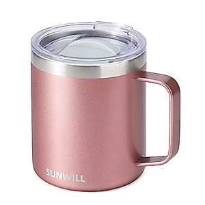 SUNWILL Coffee Mug with Handle, 14oz Insulated Stainless Steel Coffee Travel Mug, Double Wall Vacuum Reusable Coffee Cup with Lid, Rose Gold