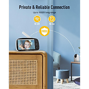 HOHOO Baby Monitor, 5" 720P HD Split Screen, 30 Hours Battery Life Baby Monitor with Camera and Audio|Remote PTZ, Two-Way Audio, Zoom, Night Vision, Lullabies, 960ft Long Range