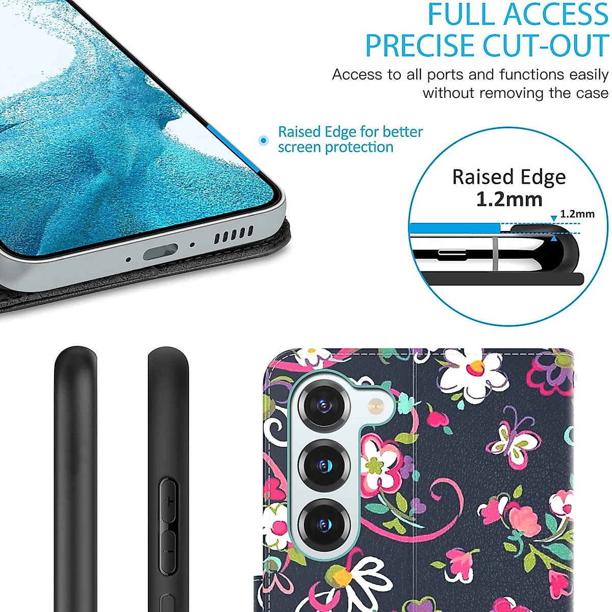 CoverON Pouch Compitable with Samsung Galaxy S23 Wallet Case for Women, RFID Blocking Flip Folio Stand Vegan Leather Floral Cover Sleeve Card Slot for Samsung Galaxy S23 Phone Case - Flower