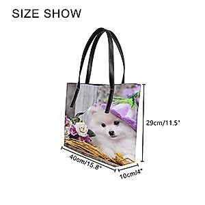 Shoulder Bag Tote Bags for Women Pomeranian Puppy Leather Shopper Work Handbags Large Casual Bag