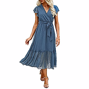 BTFBM Women Summer Bohemian Floral Casual Wrap V Neck Ruffle Cap Sleeveless Belt A-Line Pleated Hem Swing Midi Sun Dress (Swiss Dot Grey Blue, m)