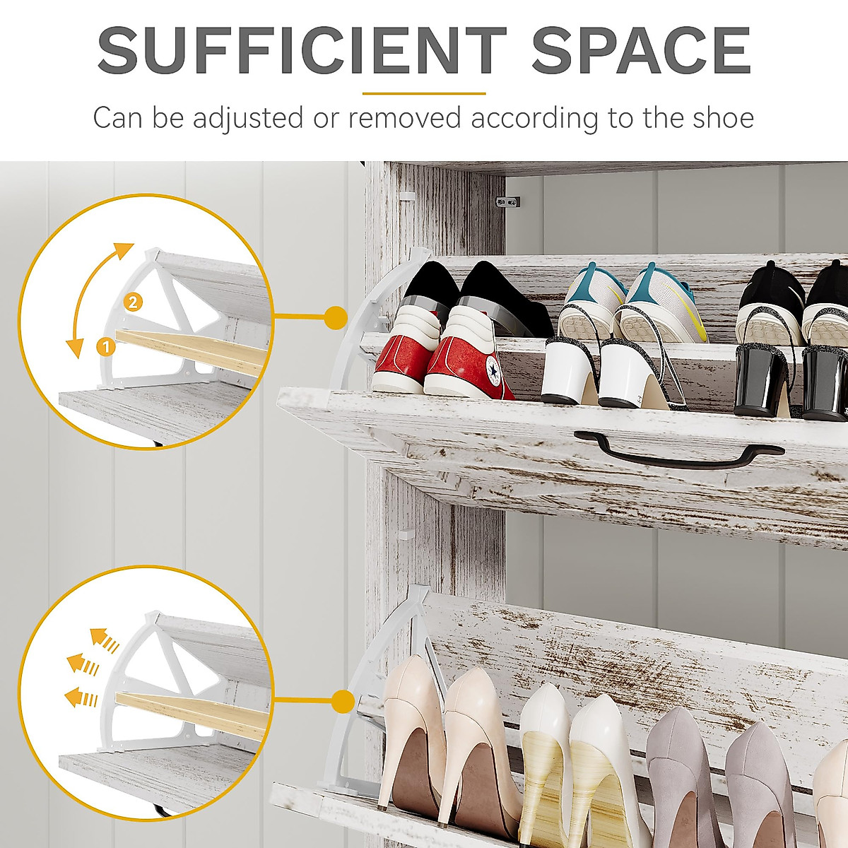 DWVO Farmhouse Shoe Storage Cabinet with 2 Flip Drawers for 16 Pairs, Entryway Shoe Storage with Shoe Bench, Narrow Slim Shoe Cabinet for Entryway, Living Room, Hallway (Embossed White)