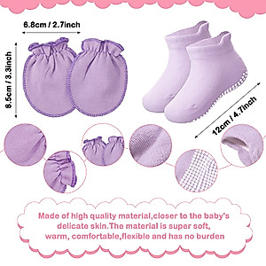 4 Sets Newborn Baby Hat and Mittens Toddler Beanie Cap Non Slip Socks for 0-6 Months (White, Gray, Pink, Purple)