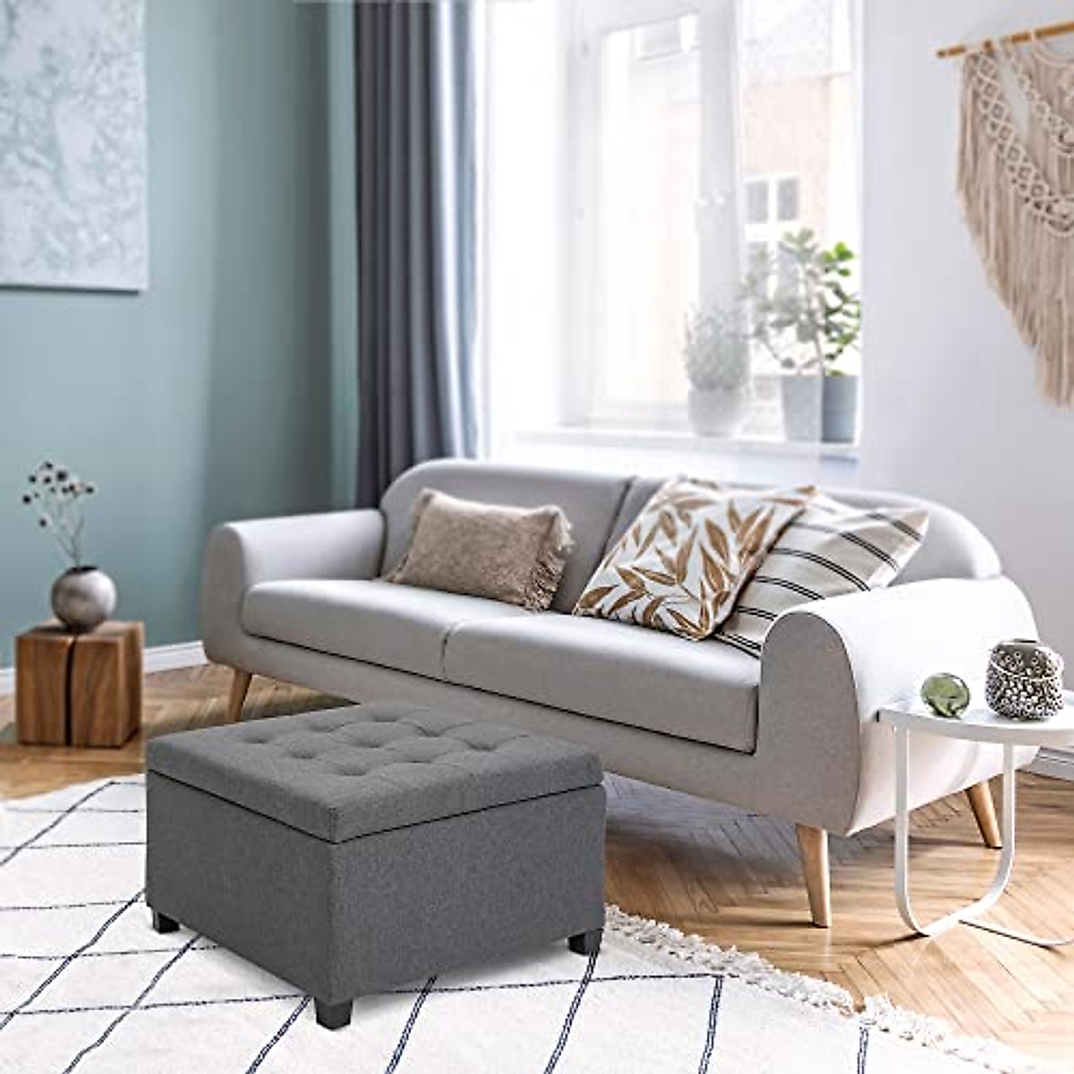 HOMCOM Fabric Tufted Storage Ottoman with Flip Top Seat Lid, Metal Hinge and Stable Eucalyptus Wood Frame for Living Room, Entryway, or Bedroom, Gray