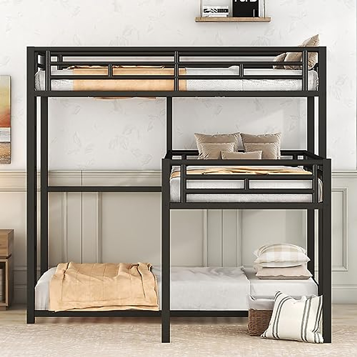Twin Bunk Bed, Black Twin Bed L-Shaped Metal Triple Bed Frame for Kids and Toddlers, Non-Slip and Noise-Free