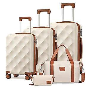 Somago- Hardshell Lightweight ABS Travel Luggage 20’’+24’’+28’’ Sets Suitcase with TSA Lock& 8 silent Swivel Wheels, Diamond Pattern Surface and YKK Zipper With 2 pcs Bags (Beige)
