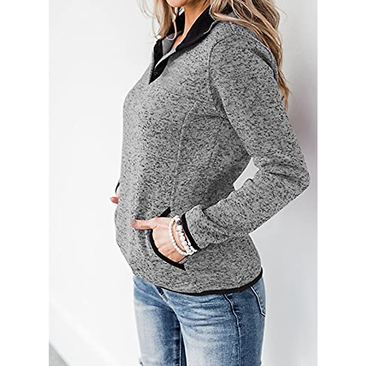Diukia Sweatshirts Pullover Tops Womens 2022 Fall Cute Lightweight 1/4 Quarter Button V Neck Color Block Stand Collar Long Sleeve Pocket Pullover Sweatshirt for Ladies Teen Girls Juniors Gray L 12-14