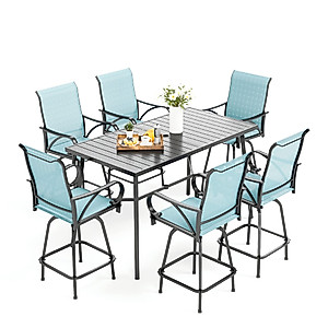 MFSTUDIO Patio Bar Set of 7 with 1 Heavy Duty Metal Slat Bar Table with 6 Pieces Sling Outdoor Bar Height Stool, Turquoise Blue