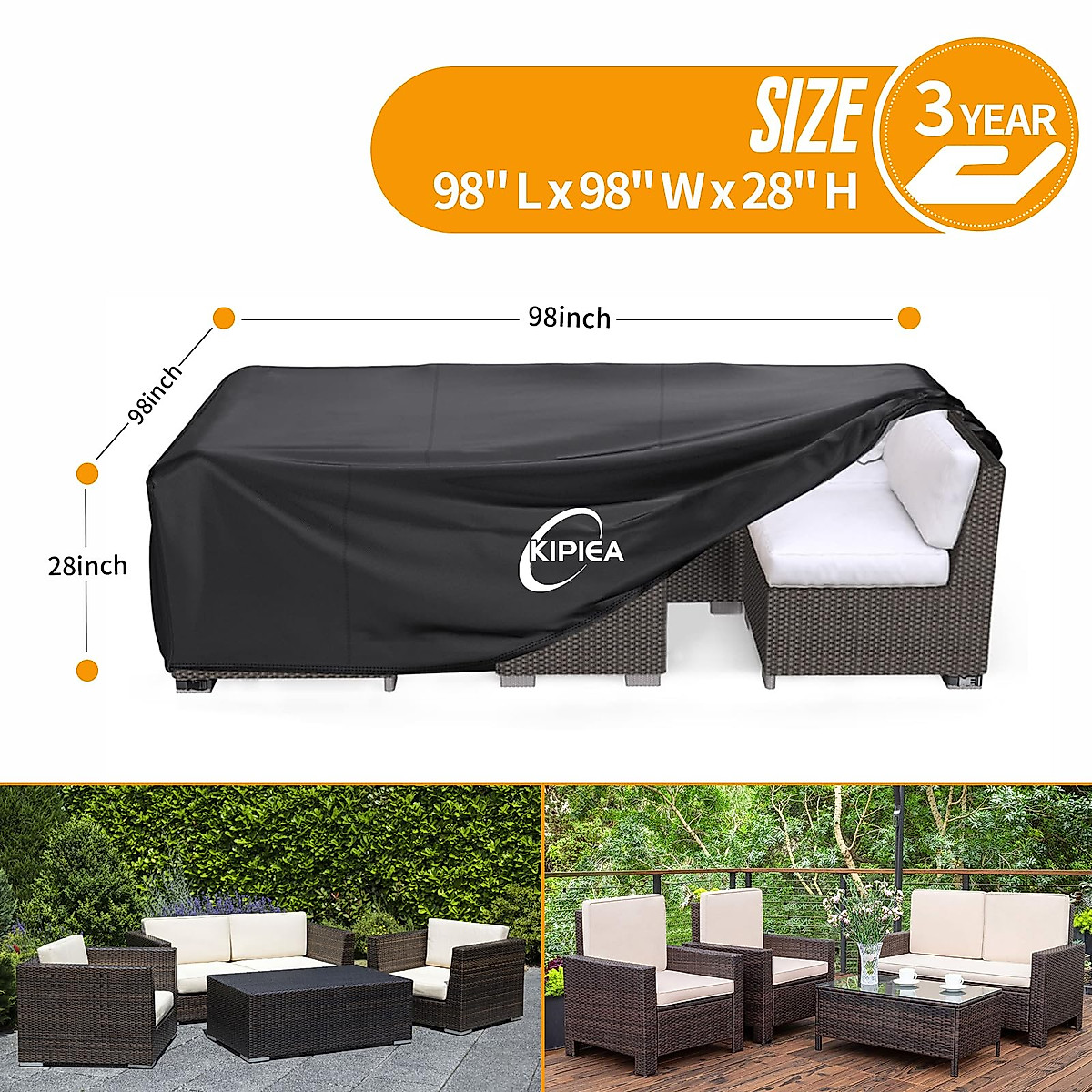 Kipiea 600D Patio Furniture Covers Waterproof Winter, Outdoor Furniture Set Covers for Table Chairs, Heavy-Duty Outdoor Sofa Covers with Anti UV and No Tears, No Fading (98" L x 98" W x 28" H)