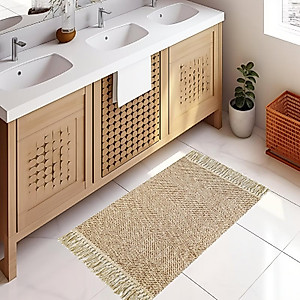 Small Bathroom Rug, 2'x 3' Boho Entryway Rug Washable Cotton Woven Front Door Mat with Tassels, Low Pile Reversible Kitchen Rugs Soft Tan Throw Rug Farmhouse Carpet for Indoor Entry Décor