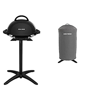 George Foreman Indoor/Outdoor Electric Grill, 15-Serving, black & GFA0240RDCG Round Grill Cover, Gray