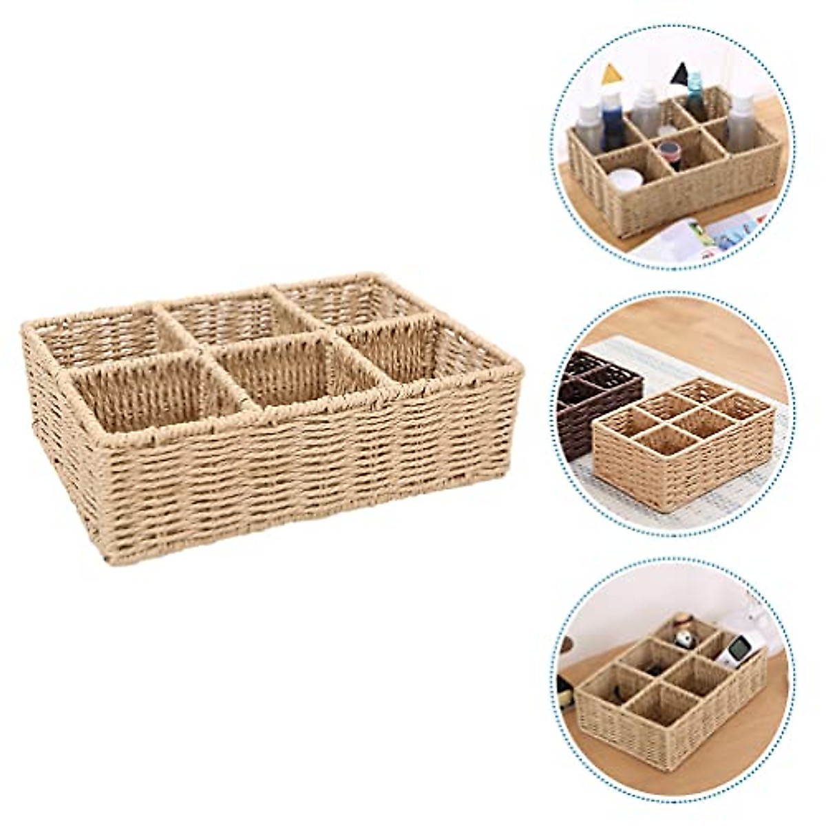 Zerodeko Rattan Divided Basket Storage Box: Woven Wicker Seagrass Storage Basket Khaki Rattan Compartment Bin Makeup Organizer Multipurpose Storage Container for Makeup Small Items