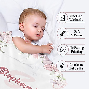 LESOON Customized Baby Blankets with Name - Personalized Boho Floral Blankets for Girls and Boys - Custom Toddler Blanket Baby Gifts for Newborns and Kids - Pink Floral Design