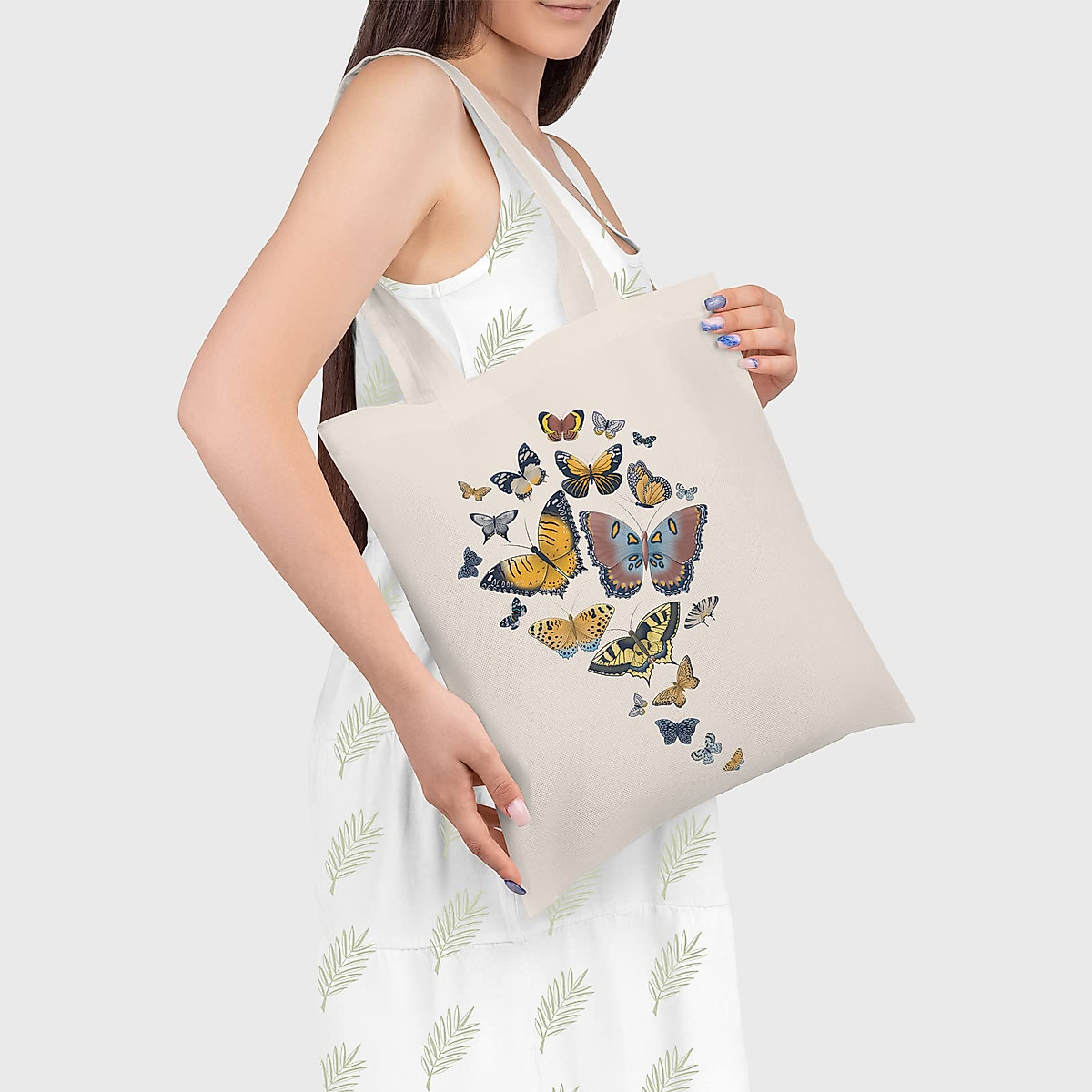 JOYMIN Aesthetic Canvas Tote Bag with Inner Zipper Pocket Reusable Grocery Bags Colorful Butterflies Printed Tote Bags Personalized Birthday Gifts for Women