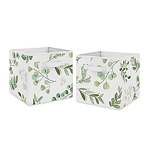 Sweet Jojo Designs Floral Leaf Foldable Fabric Storage Cube Bins Boxes Organizer Toys Kids Baby Childrens - Set of 2 - Green and White Boho Watercolor Botanical Woodland Tropical Garden