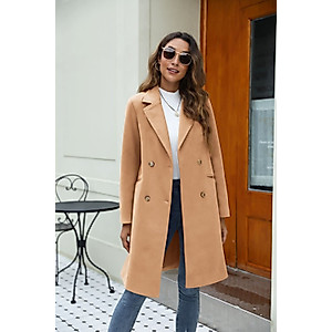 Yousify Womens Notched Lapel Collar Double Breasted Pea Coat Winter Wool Blend Over Coats Long Jackets Camel M