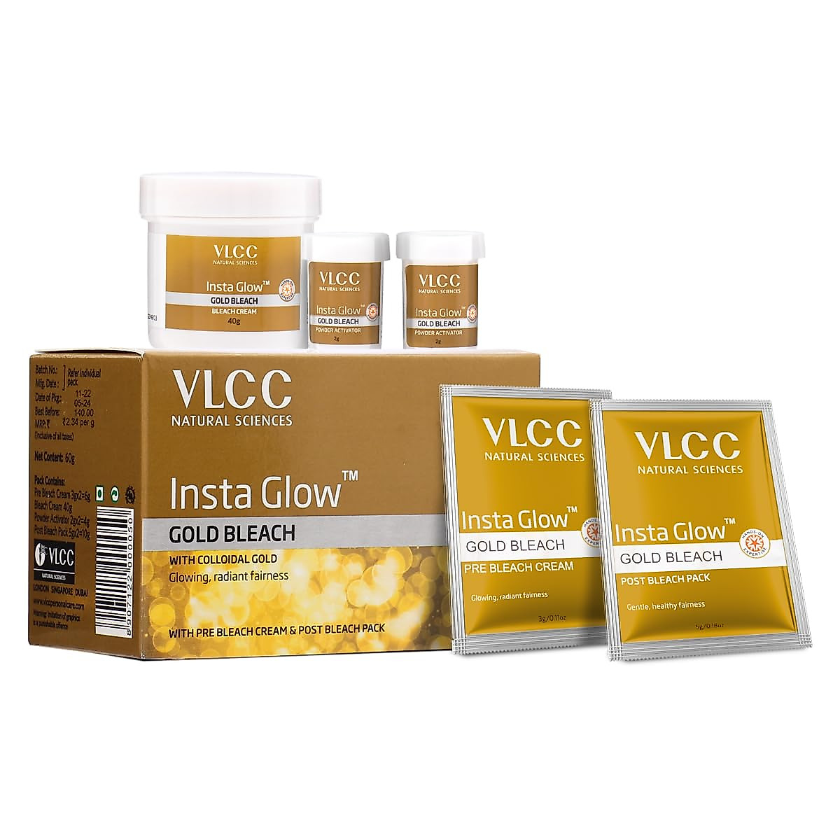 VLCC Gold Facial Kit - Single Use | Salon Like Facial at Home in Just 6-Steps | Includes Cleanser, Scrub, Cream, Face Pack & Moisturizing Gels | 2.12 Oz/60g