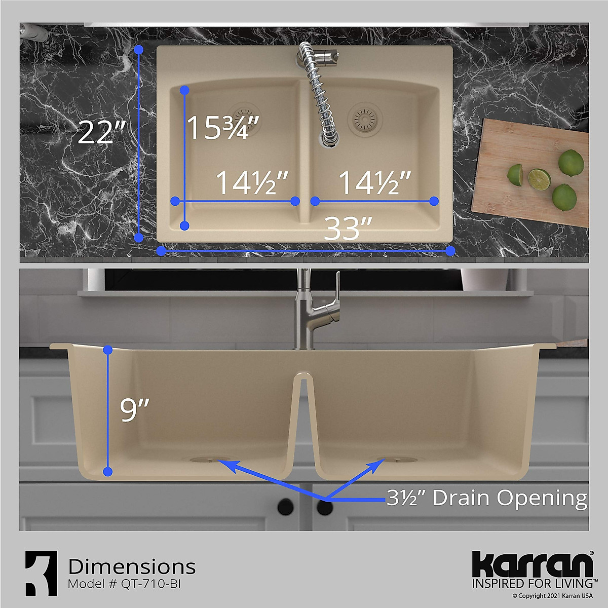 Karran QT-710 Drop-in Quartz Composite 33 in. 1-Hole 50/50 Double Bowl Kitchen Sink in Bisque