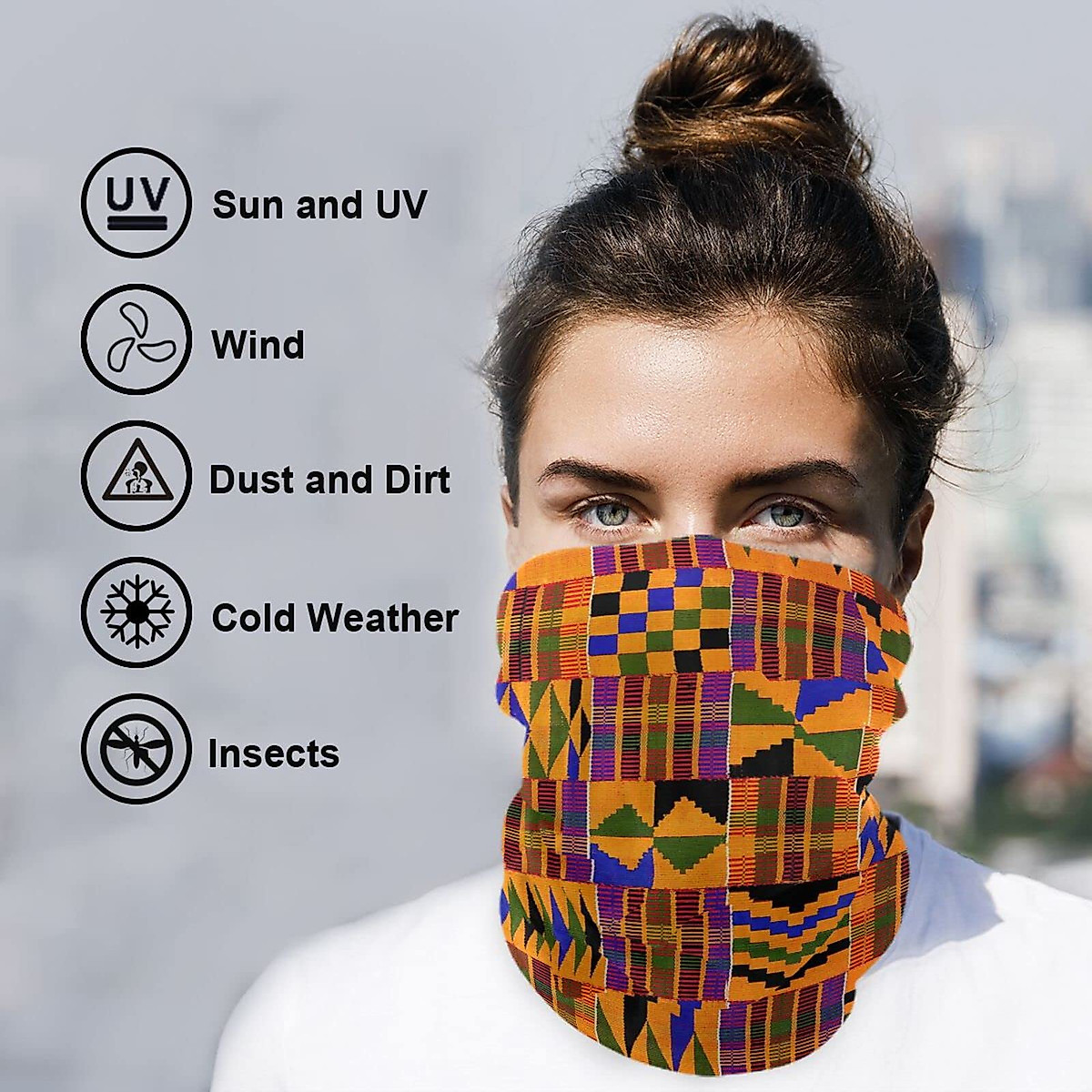 High Elastic Neck Gaiter, Magic Scarf, Bandana, Balaclava,Ghana Kente Cloth Headband for Cycling, Fishing, Motorcycling, Running, Skateboarding, Moisture Wicking Headwear