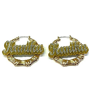 Personalized Custom Gold Hoop Bamboo Earrings Name Plate Laser Cut Design Stunning Look - Quality, Attractive Gold Bamboo Earrings, Made To Order 1.5-3.5 INCHES sizes