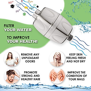 Shower Water Filter + Extra Cartridge - Universal Home Showerhead Filters With Activated Charcoal To Remove Chlorine And Hard Minerals + 1 Extra Replacement Cartridge - Brushed Nickel