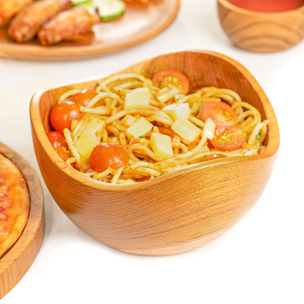 Rainforest Bowls Set of 2 6.5" Wavy Javanese Teak Wood Bowls- Perfect for Daily Use, Hot & Cold Friendly, Ultra-Durable- Exclusive Luxury Custom Design Handcrafted by Indonesian Artisans