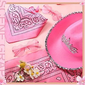 Zhanmai 12 Pcs Lighted Cowgirl Hat with Heart Glasses and Bandana, Cowboy Hat with Tiara Crown for Girls (Pink, Glitter Style)