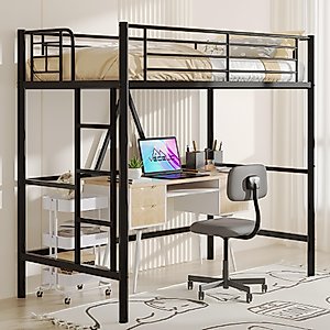 VECELO Loft Bed Twin Size, Metal Bedframe with Removable Ladder and Safety Guardrail, No Box Spring Needed, Space Saving, Noise Free, Black