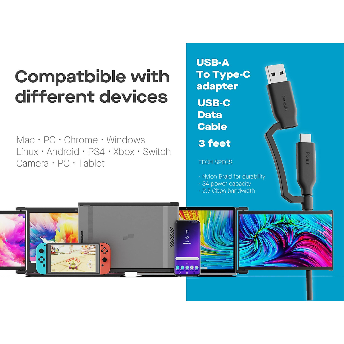 Duex Max Grey Portable Monitor with Adhesive, New Mobile Pixels 14.1" Full HD 1080P IPS Auto Rotated Laptop Screen Extender, USB A/Type-C USB Powered Plug and Play (1 Max Grey and 12* Adhesive)