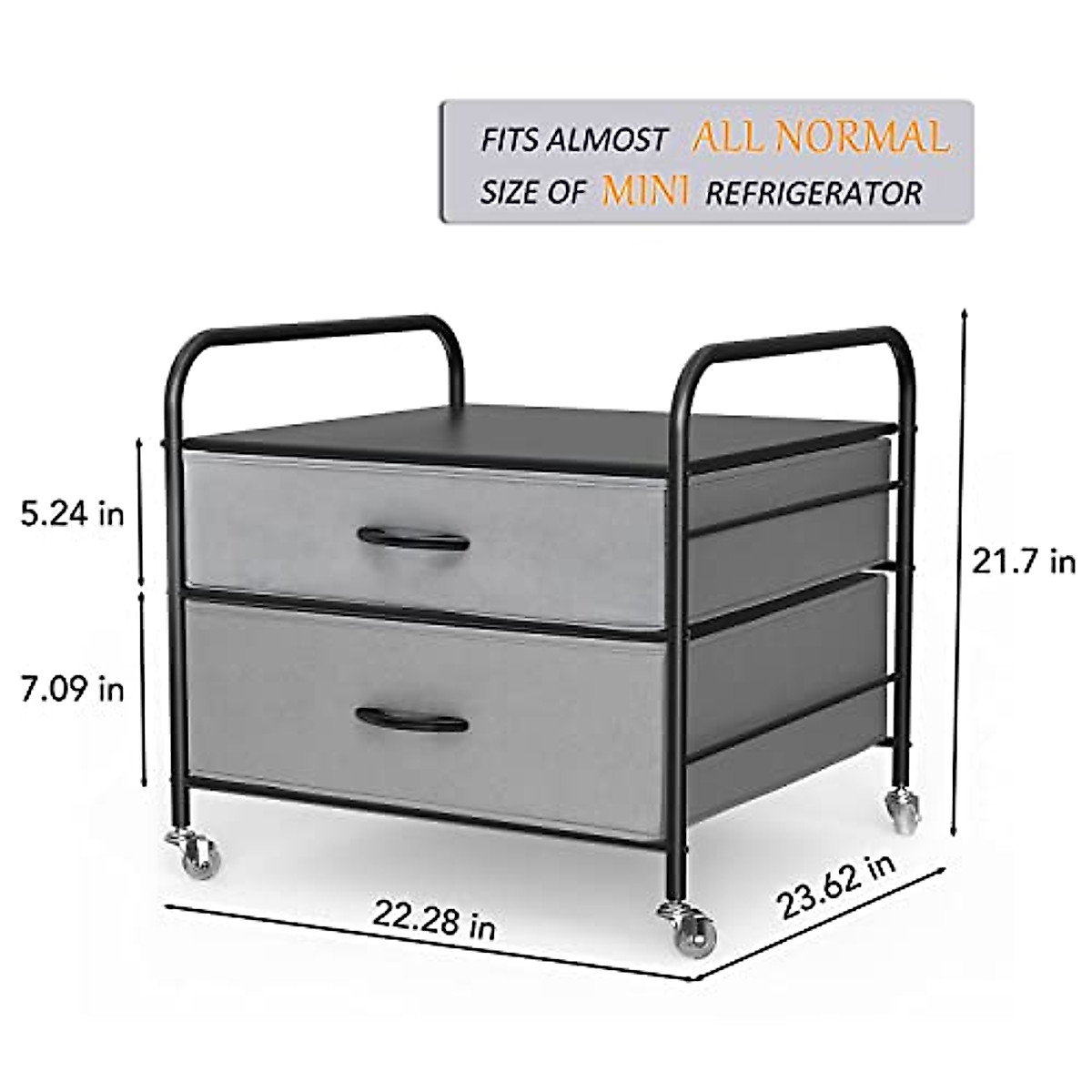 Mini Fridge Stand with Storage, KOZIDO 2-Tier Drawer Organization Rolling Cart for Mini Fridge, Dorm Fridge Stand with Grey Drawers, Metal Frame, Swivel Wheels