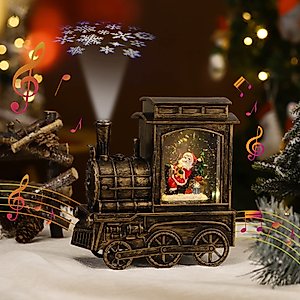Lewondr Train Snow Globe, USB/Battery Operated Snow Globe with Snowflake Projector Water Swirling Glitter, Christmas Village Snow Globe with 6 Hour Timer, Gift for Girls Girlfriend Women, Bronze Gold
