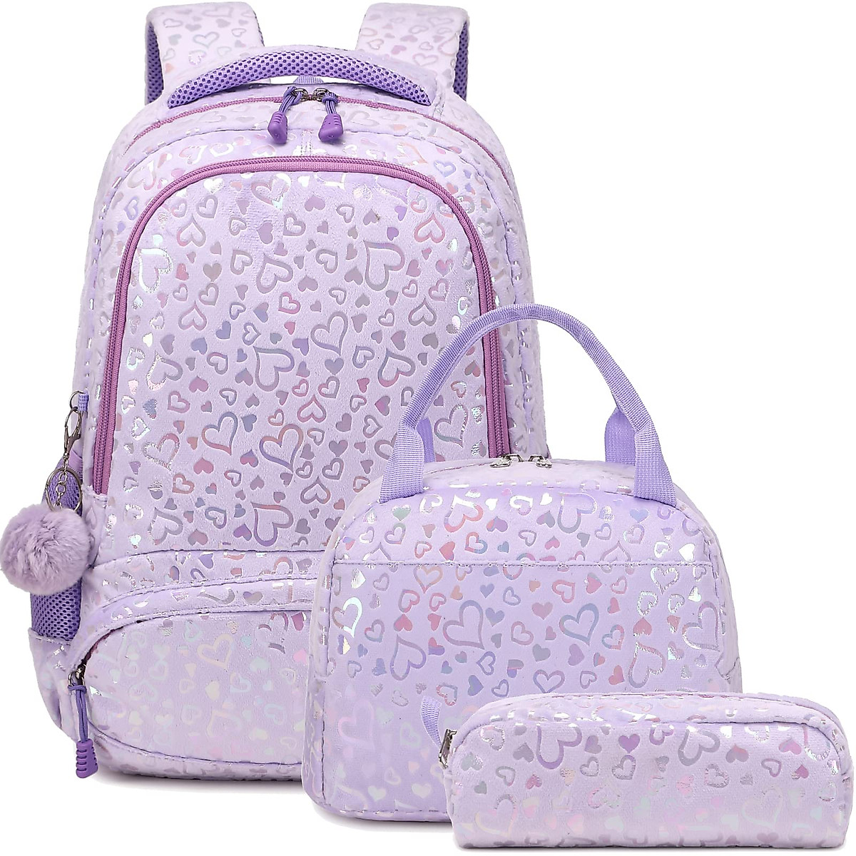 Meisohua Backpack Set for Girls School Backpack for Kids Preschool Kindergarten Elementary School Bookbag with Lunch Bag 3 in 1 Set Water Resistant Furry Backpack