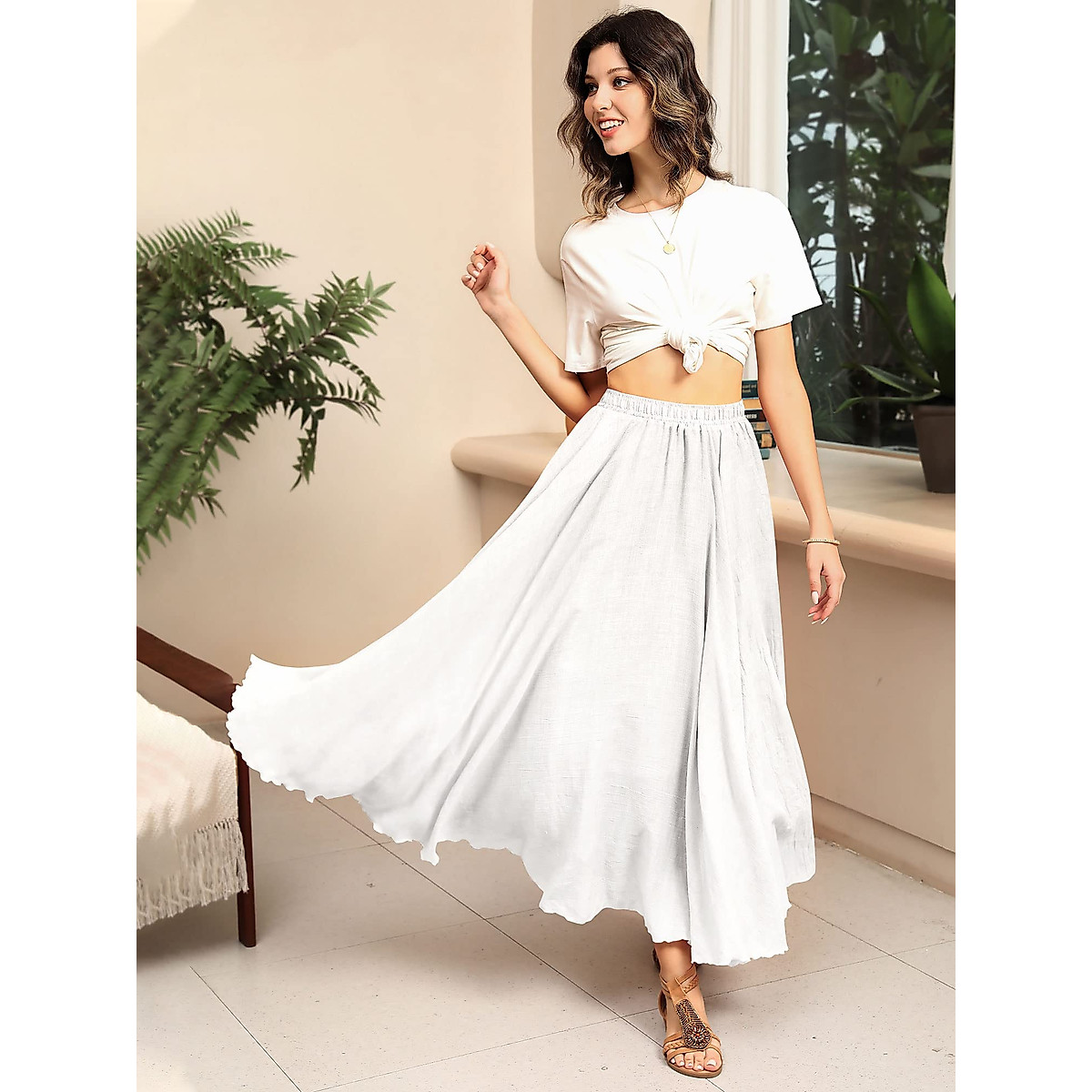 Ezcosplay Women Bohemian Beach A-Line Dress Double Layer Elastic Waist Long Maxi Skirt
