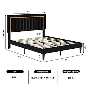 HITHOS Full Size Bed Frame with Adjustable Tufted Headboard, Velvet Upholstered Platform Bed Frame with Gold Trim, Heavy Duty Mattress Foundation with Steel Frame, Easy-Assembly Slats (Black, Full)