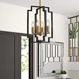 Emliviar 4-Light Lantern Chandelier, Farmhouse Dining Room Pendant Lighting, Black and Gold Finish, JE1981-D4 BK+G