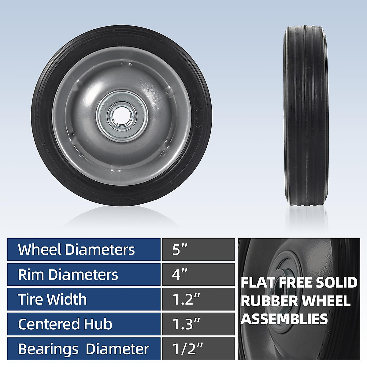 (2-Pack) AR-PRO 5” x 1.5” Flat Free Solid Rubber Wheel Assemblies - Replacement Hand Truck Wheels with Ball Bearings and 1/2” Bore Hole Diameter - Heavy-Duty Solid Rubber Wheels 88 lbs Load Capacity