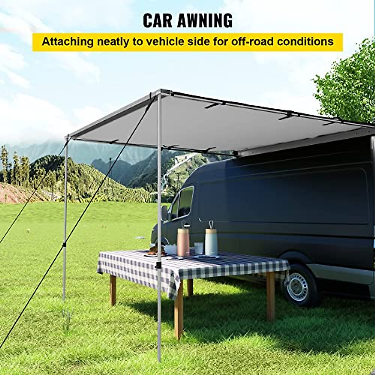 VEVOR Car Side Awning, 6.6'x8.2', Pull-Out Retractable Vehicle Awning Waterproof UV50+, Telescoping Poles Trailer Sunshade Rooftop Tent w/ Carry Bag for Jeep/SUV/Truck/Van Outdoor Camping Travel, Grey
