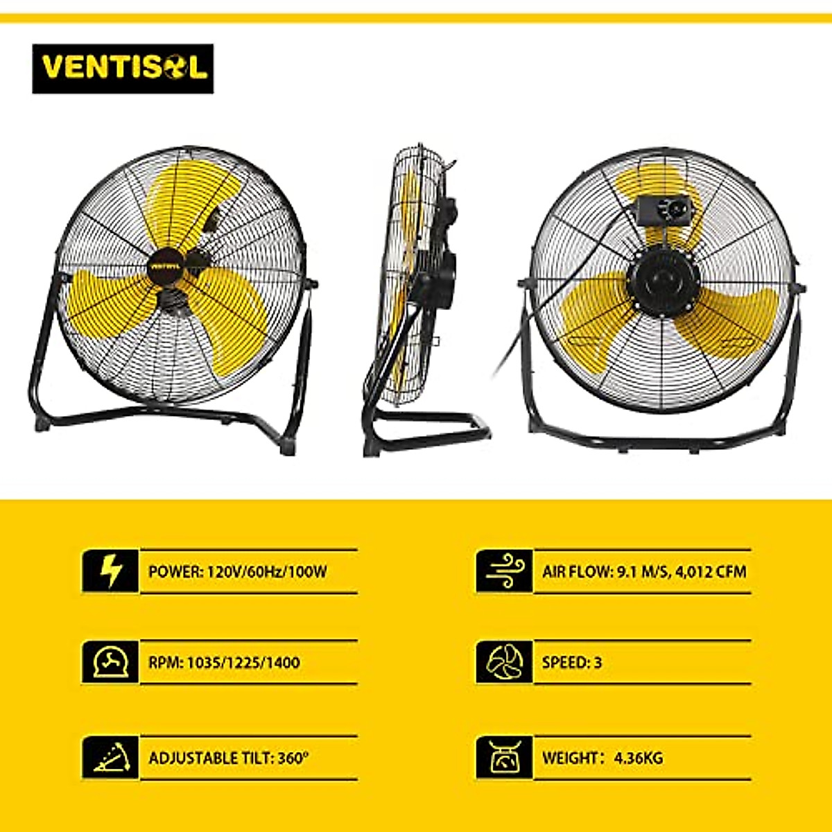 VENTISOL 18 Inch 3-Speed 4012CFM High Velocity Floor Fan, Heavy Duty Metal Industrial Fan for Warehouse,Workshop,Factory, Basement, Greenhouse, 360 Degree Tilt - ETL Listed, Black