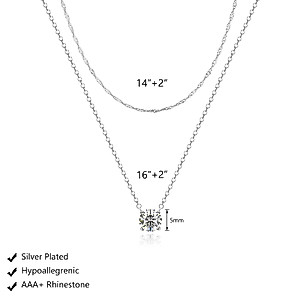 Zeffy Silver Necklace for Women Dainty Silver Layered Necklaces Silver Plated Diamond Necklaces Simple CZ Solitaire Pendant Necklace Cute Silver Chain Choker Necklaces for Women Trendy