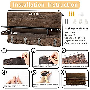 AIVIIN Key Holder for Wall Mail Organizer Wall Mount with 4 Double Key Hooks, Mail Holder Wall Mount with Shelf, Rustic Home Decor for Entryway Mudroom Hallway Office (13.78” X 11.02” X 3.15”) (Brown)