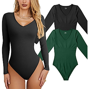 OQQ Women's 2 Piece Sexy Ribbed One V Neck Long Sleeve T-Shirt BodySuit, Black Darkgreen, Small