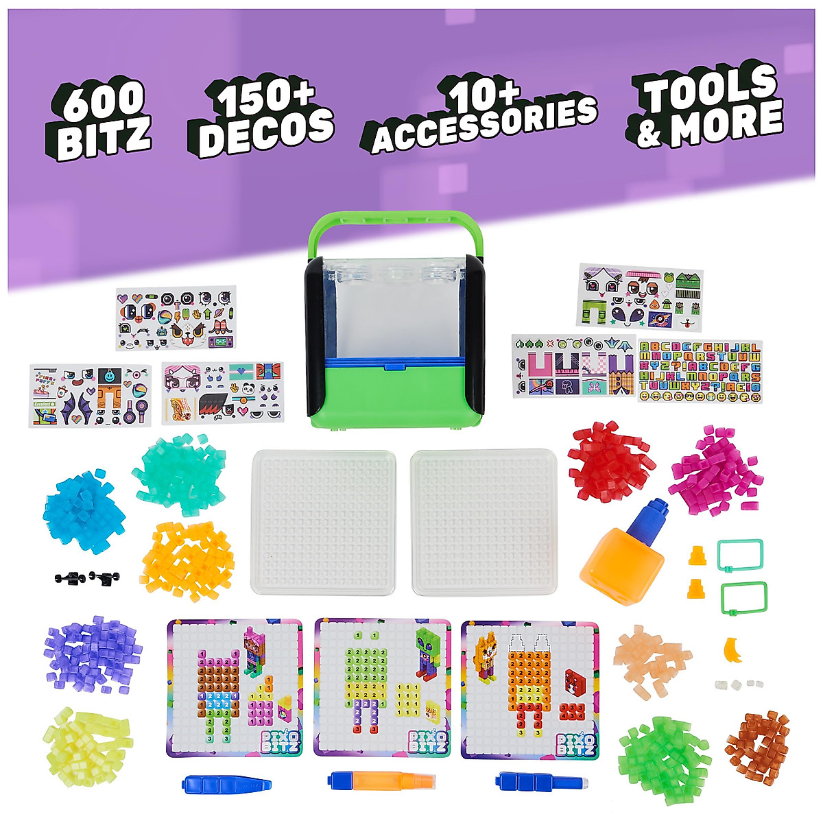 Pixobitz, Exclusive Neon Studio with 600 Water Fuse Beads, Decos and Accessories, Makes 3D Creations with No Heat, Arts and Crafts Kids Toys