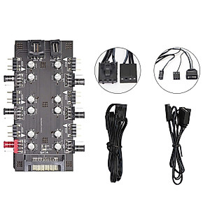 12V 4Pin PWM & 5V 3Pin ARGB with SATA 15Pin Power 2-in-1 Hub 6 Way Sync CPU Cooling Fan Addressable RGB Lighting PCB Splitter for Extended Motherboard Interface -Black Compatible With Desktop