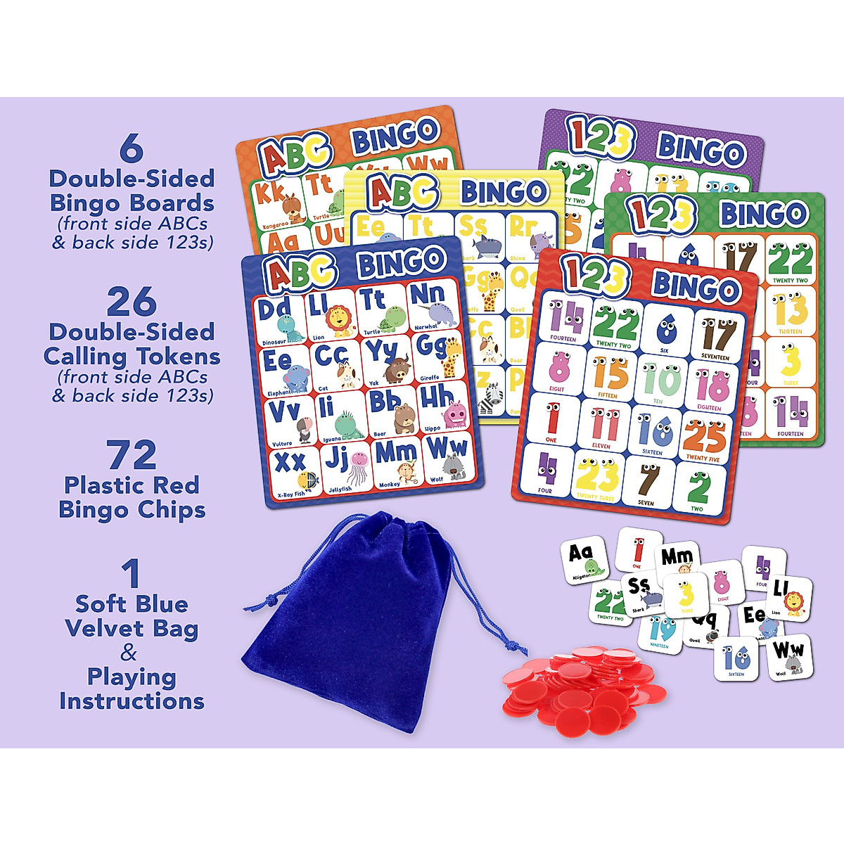 Party Hearty Alphabet and Number, ABC and 123 Bingo Board Game for Kindergarten and Preschool Kids Learn to Read Fun 2 Versions for Ages 4 and Up (Animal Edition)