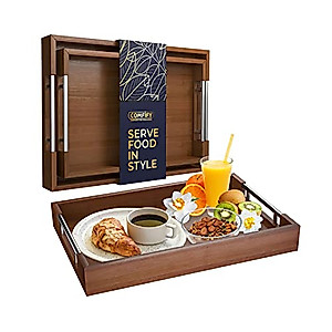 Set of 2 Modern Bamboo Serving Trays with Metal Handles – Bamboo Nesting Trays – Large, and Small Trays Set for Food, Ottoman Décor & More – Bamboo Trays for Breakfast - Brown