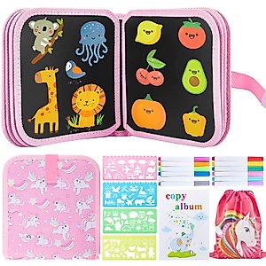 Erasable Doodle Book Set for Kids, Reusable Magic Drawing Book Writing Painting Set Travel Airplane Activity for Toddlers Age 3, 4, 5, 6 (Pink Unicorn)