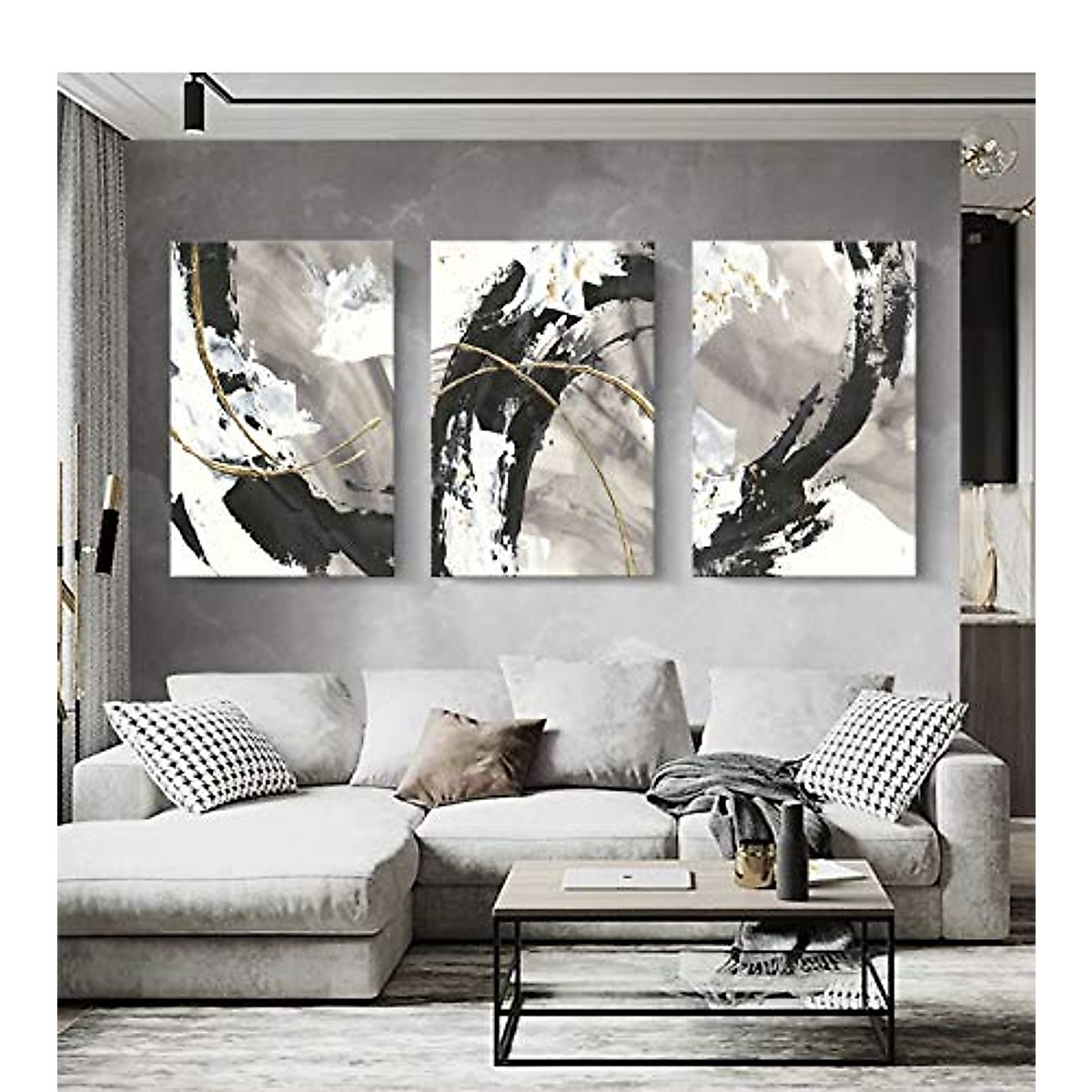 Black and White Canvas Art Wall Decor for Living Room Framed Abstract 3 Piece Gold Gray Print Painting Modern Artwork 16x24in x3