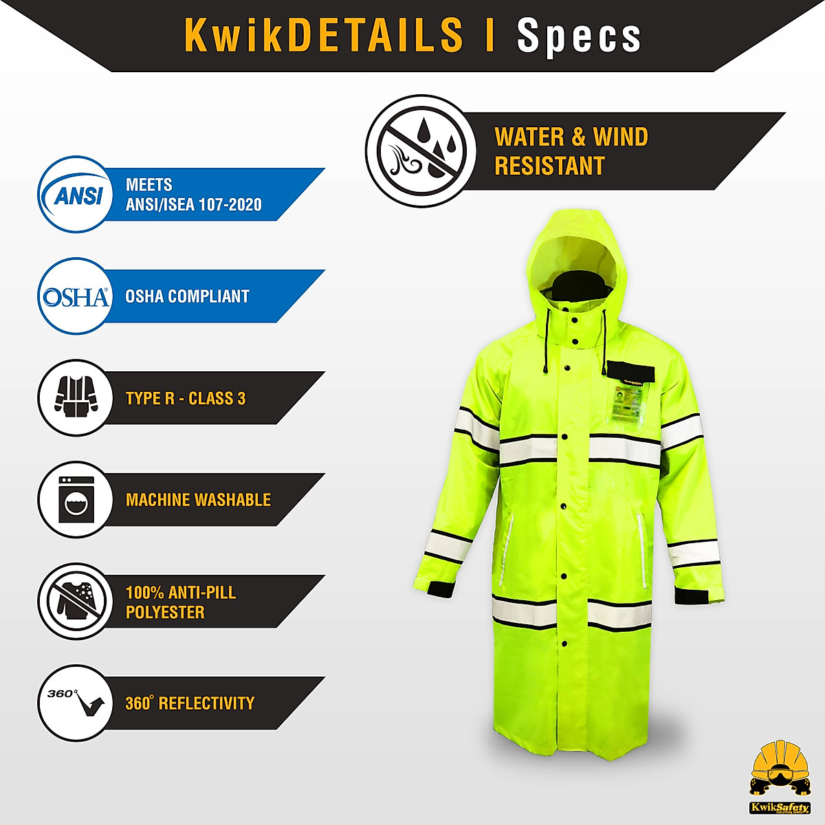 KwikSafety - Charlotte, NC - TORRENT High Visibility Rain Gear - Class 3 ANSI OSHA Reflective Weather Proof Hi Vis Trench Safety Jacket/Large