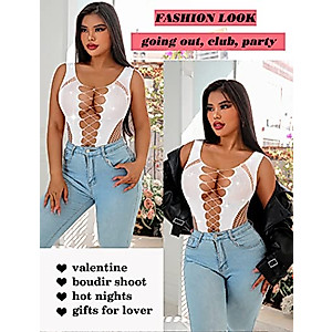 Avidlove White Rhinestone Bodysuit Sparkle Bodysuit Fishnet Lingerie for Women Sexy Mesh Body Suit Teddy Lingerie